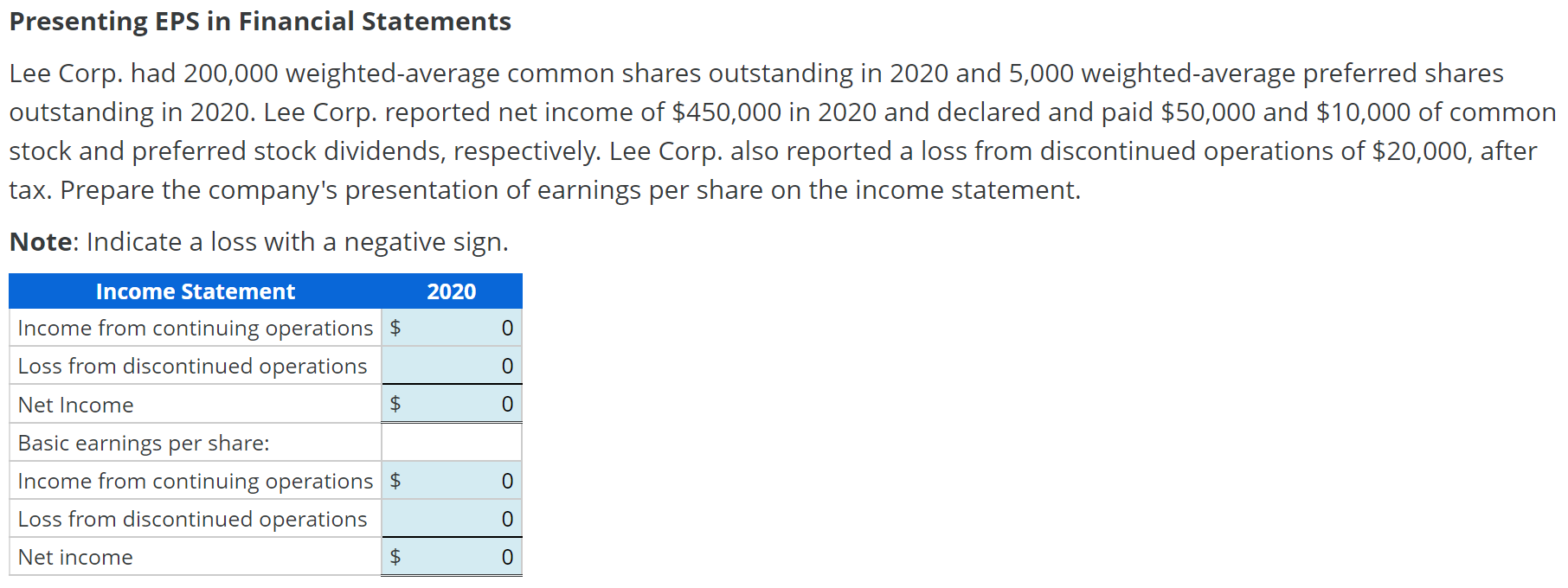 Solved Presenting EPS in Financial Statements Lee Corp. had | Chegg.com