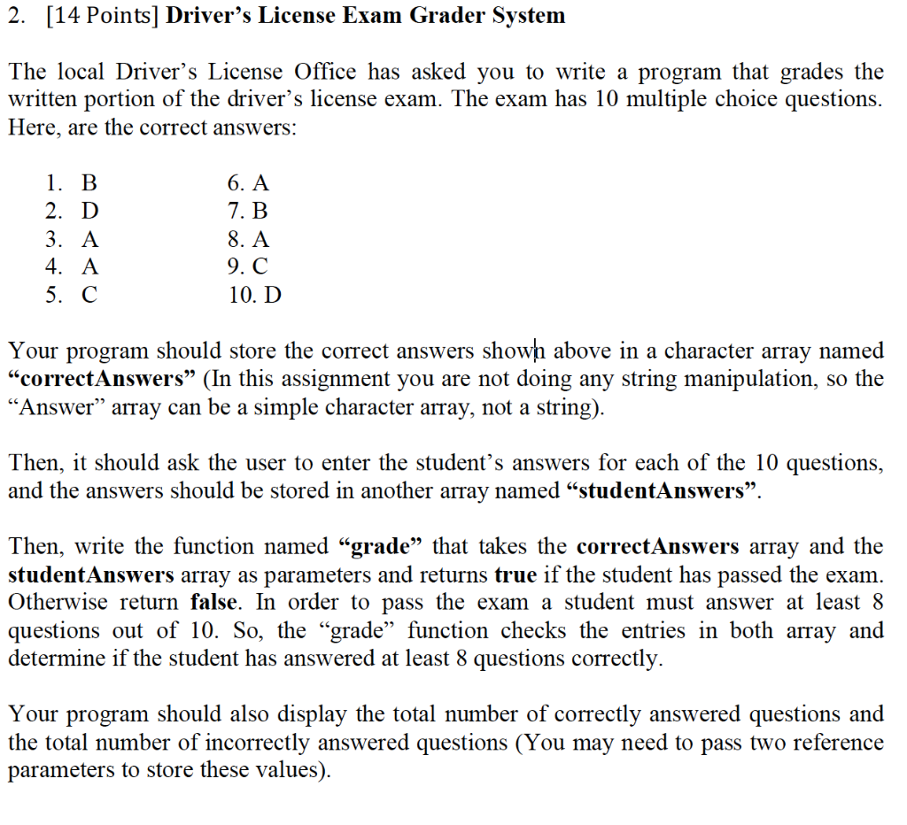 2. [14 Points] Driver's License Exam Grader System | Chegg.com