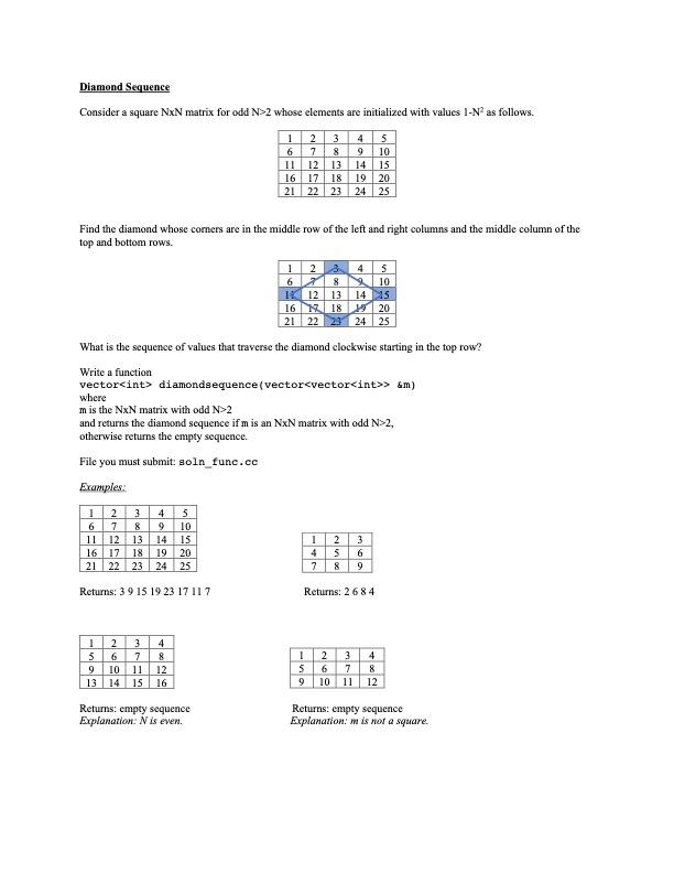 Solved Diamond Sequence Consider a square NxN matrix for odd | Chegg.com