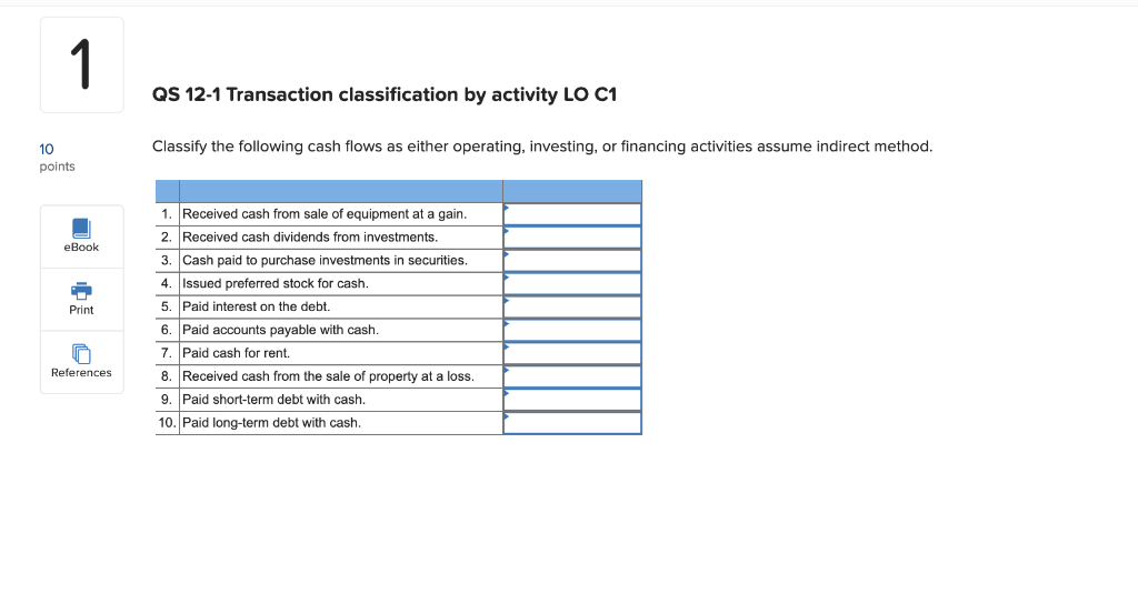 Solved 1 QS 12-1 Transaction classification by activity LO | Chegg.com