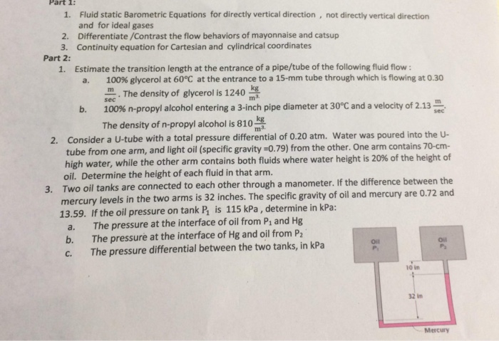 Solved Part 1: Fluid static Barometric Equations for | Chegg.com