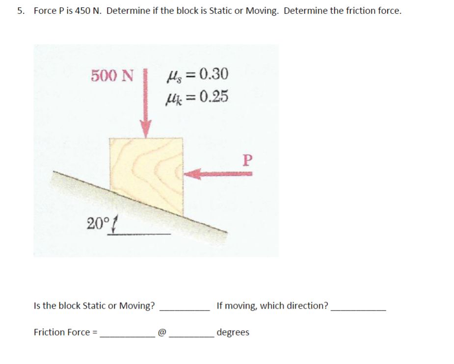 Solved 5. Force P is 450 N. Determine if the block is Static | Chegg.com