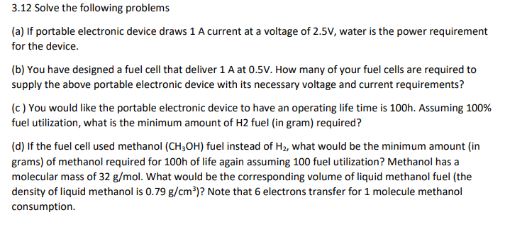 Solved Fuel Cell fundamentals 3rd edition Wiley3.12 Solve | Chegg.com