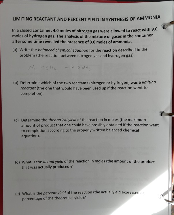 Solved LIMITING REACTANT AND PERCENT YIELD IN SYNTHESIS OF | Chegg.com