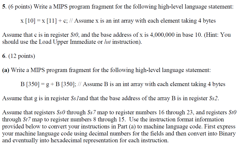 Solved 5. (6 points) Write a MIPS program fragment for the | Chegg.com