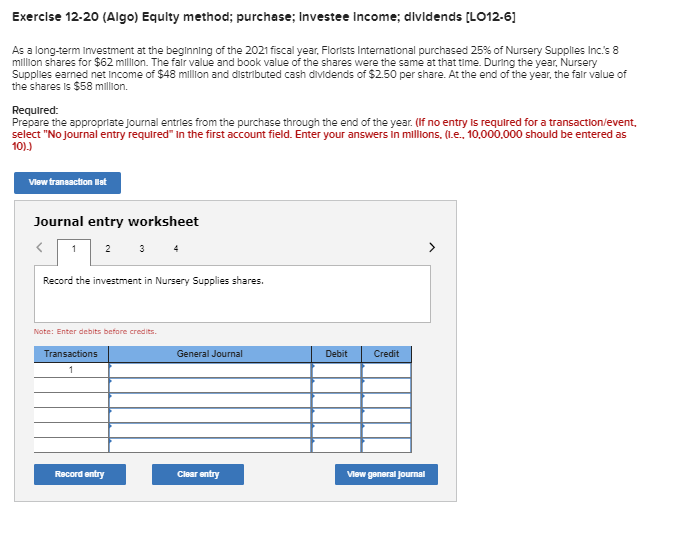 Solved Exercise 12-20 (Algo) Equity method; purchase; | Chegg.com