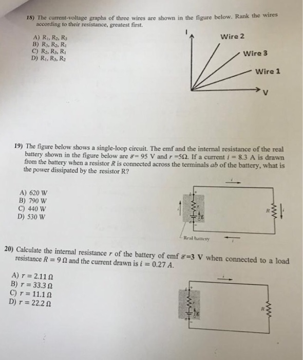 Solved 18) The current-voltage graphs of three wires are | Chegg.com