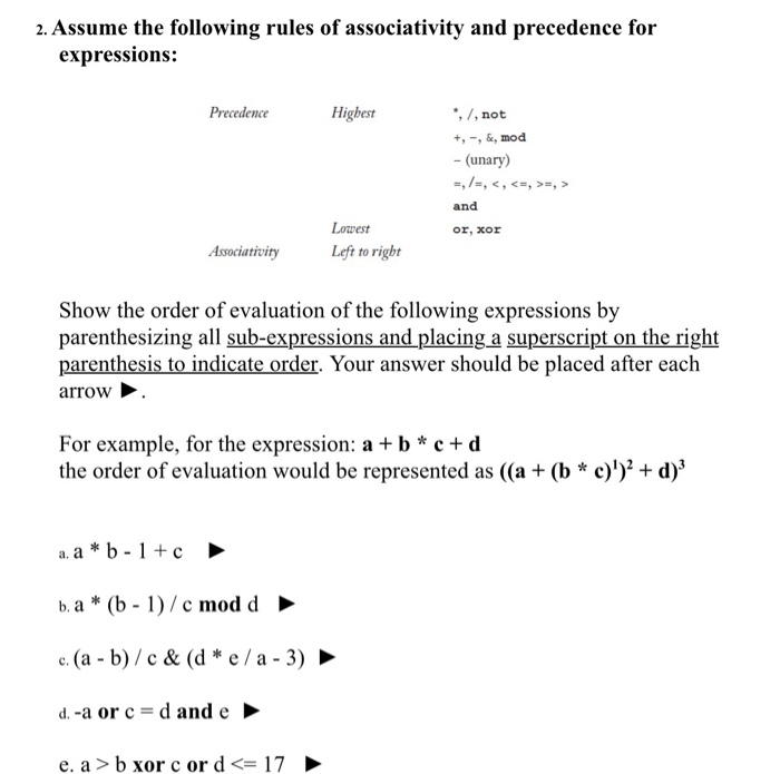 Solved 2. Assume the following rules of associativity and | Chegg.com