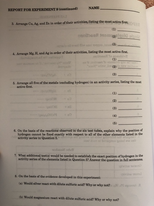 REPORT FOR EXPERIMENT 9 (continued) NAME 3. Arrange | Chegg.com