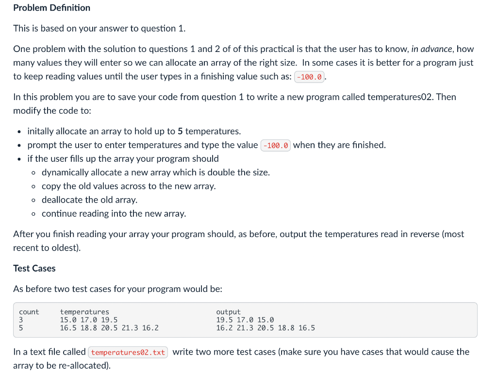 Solved Cannot use realloc function, must store values in a | Chegg.com
