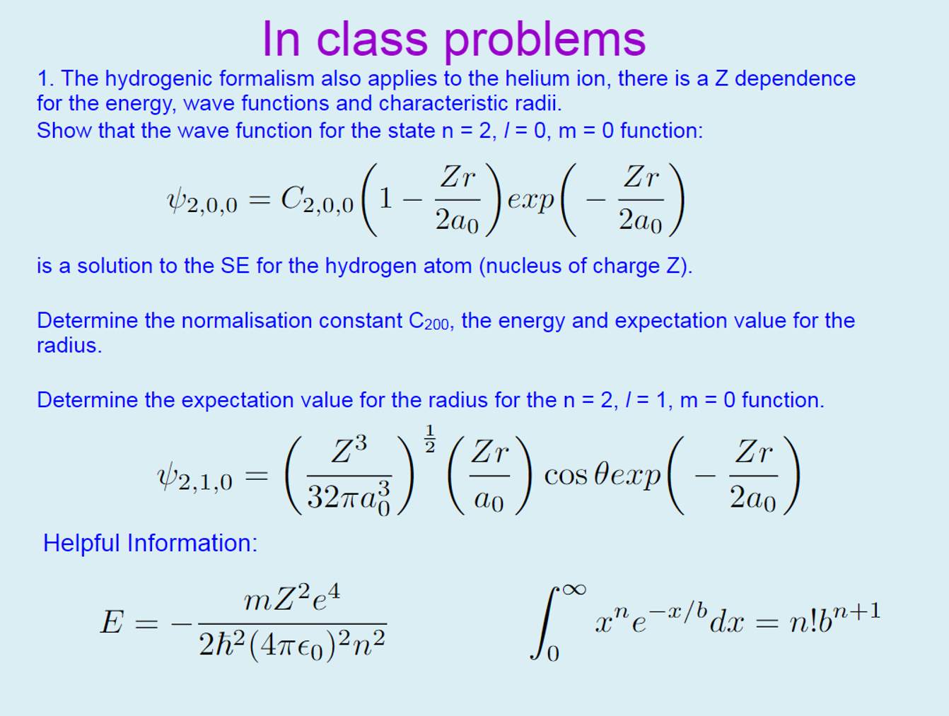 Solved In class problemsThe hydrogenic formalism also | Chegg.com