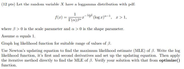 Solved (12 pts) Let the random variable X have a loggamma | Chegg.com