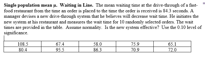 Solved single population mean μ. waiting in Line. The mean | Chegg.com