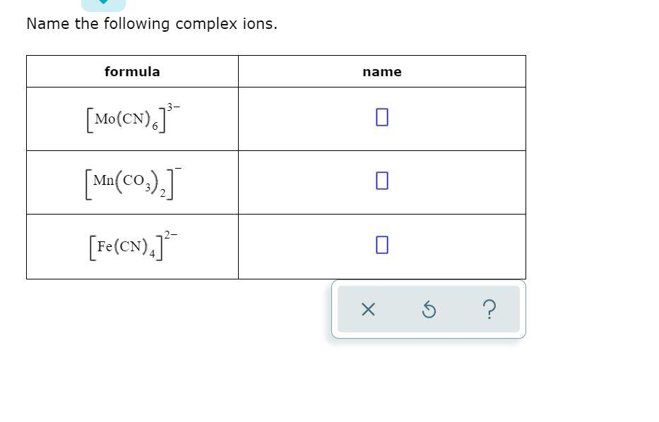 Solved Name the following complex ions. formula name | Chegg.com