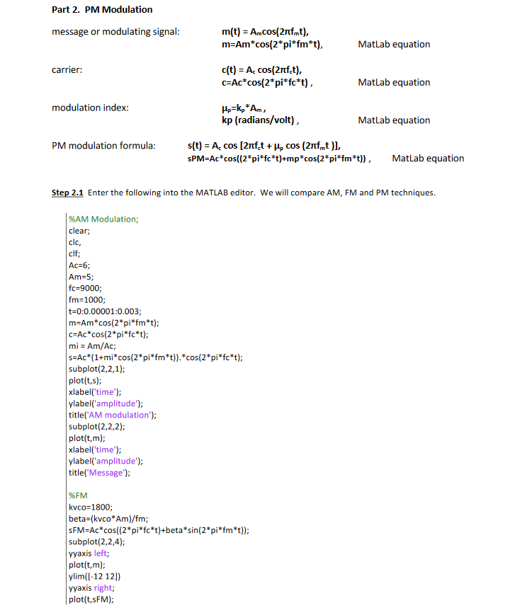 Solved Part 2. PM Modulation message or modulating signal: | Chegg.com