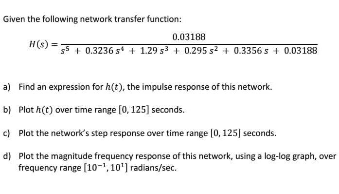 Solved Given the following network transfer function: | Chegg.com