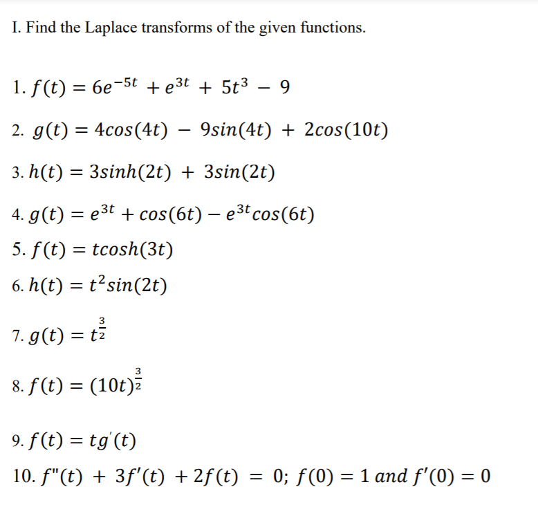 Solved I. Find the Laplace transforms of the given | Chegg.com