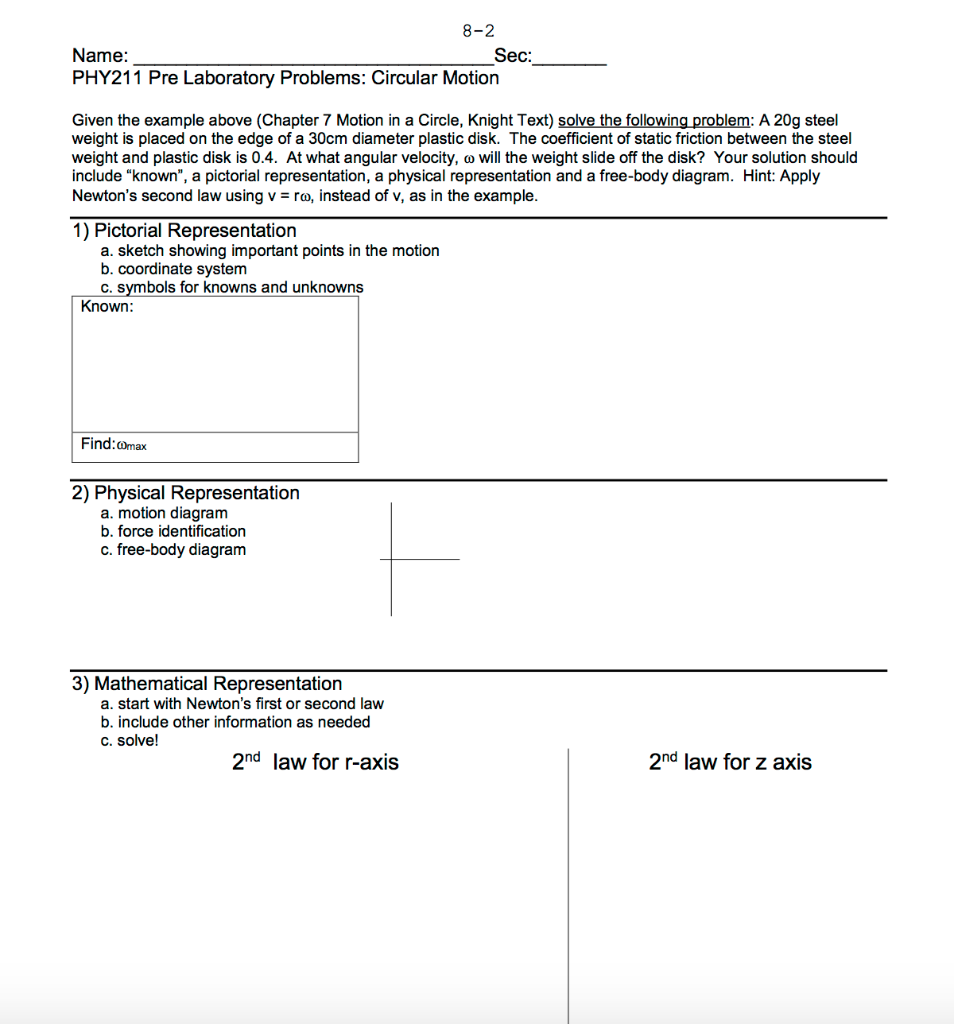 Solved 8-2 Name: Sec: PHY211 Pre Laboratory Problems: | Chegg.com