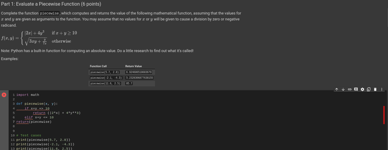 Solved Complete the function piecewise, which computes and | Chegg.com