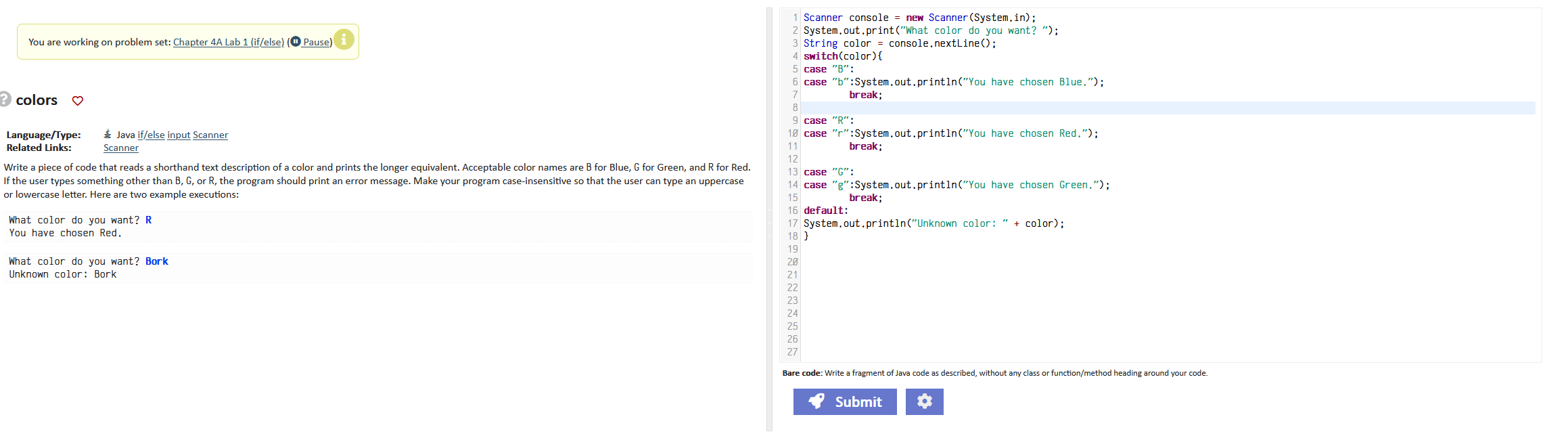 Solved colors Language/Type: Related Links: 紊 Java if/else | Chegg.com