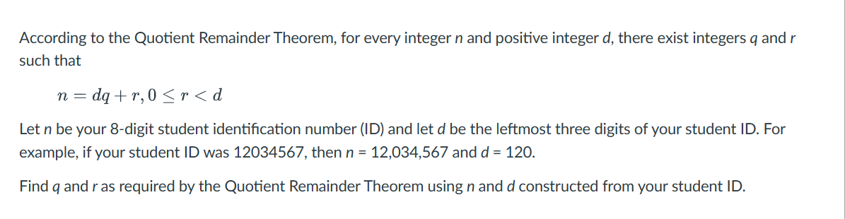 Solved According to the Quotient Remainder Theorem, for | Chegg.com