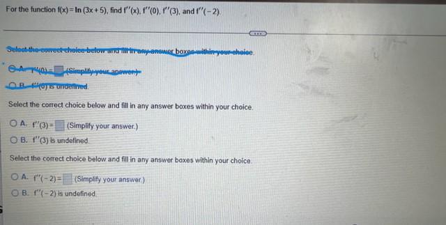 Solved For the function f(x)=ln(3x+5), find | Chegg.com