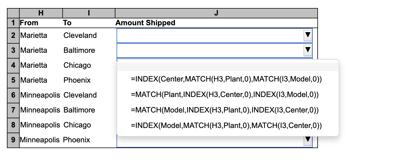 Solved Amount Shipped Use INDEX and MATCH functions to fill | Chegg.com
