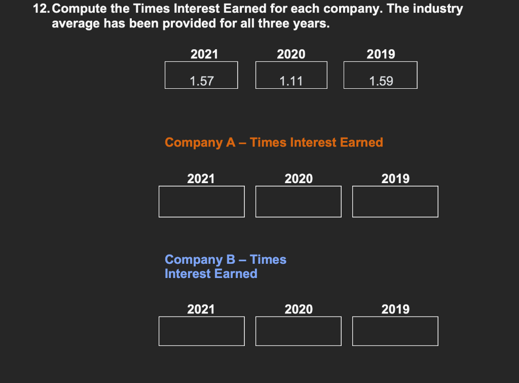 Solved 12. Compute the Times Interest Earned for each | Chegg.com