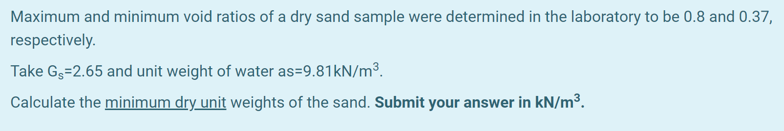 Solved Maximum and minimum void ratios of a dry sand sample | Chegg.com
