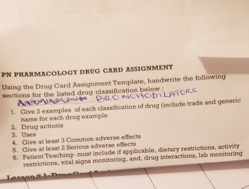 Solved PN PHARMACOLOGY DRUG CARD ASSIGNMENT Using the Drug | Chegg.com