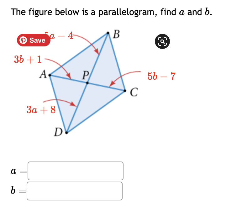 Solved The figure below is a parallelogram, find a and b. | Chegg.com