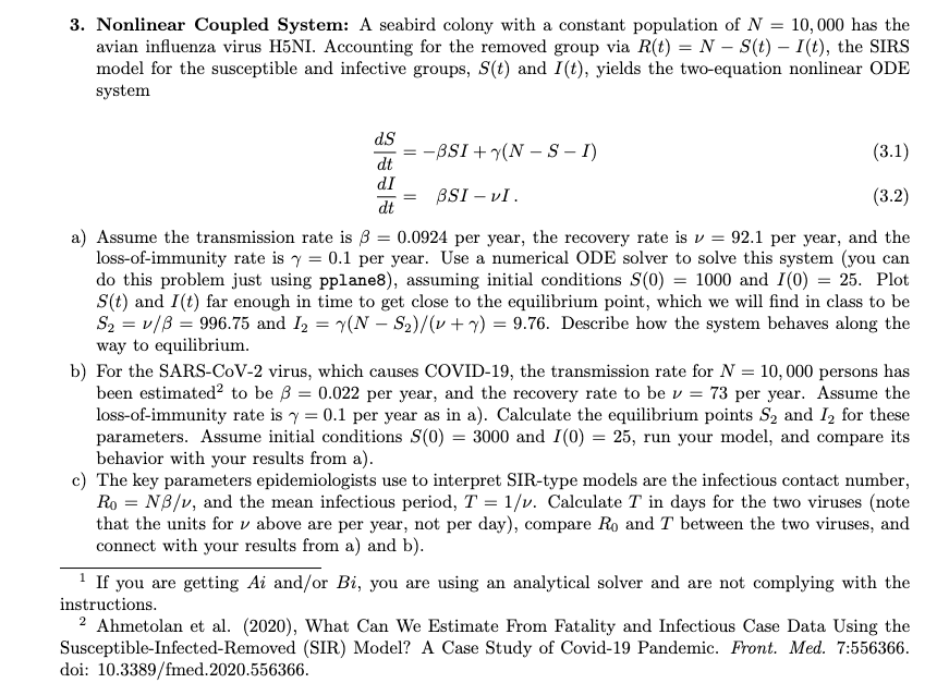 Solved Nonlinear Coupled System: A seabird colony with a | Chegg.com