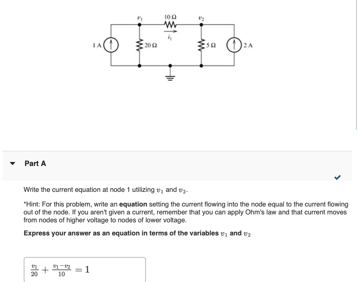 Solved Write the current equation at node 1 utilizing v1 and | Chegg.com