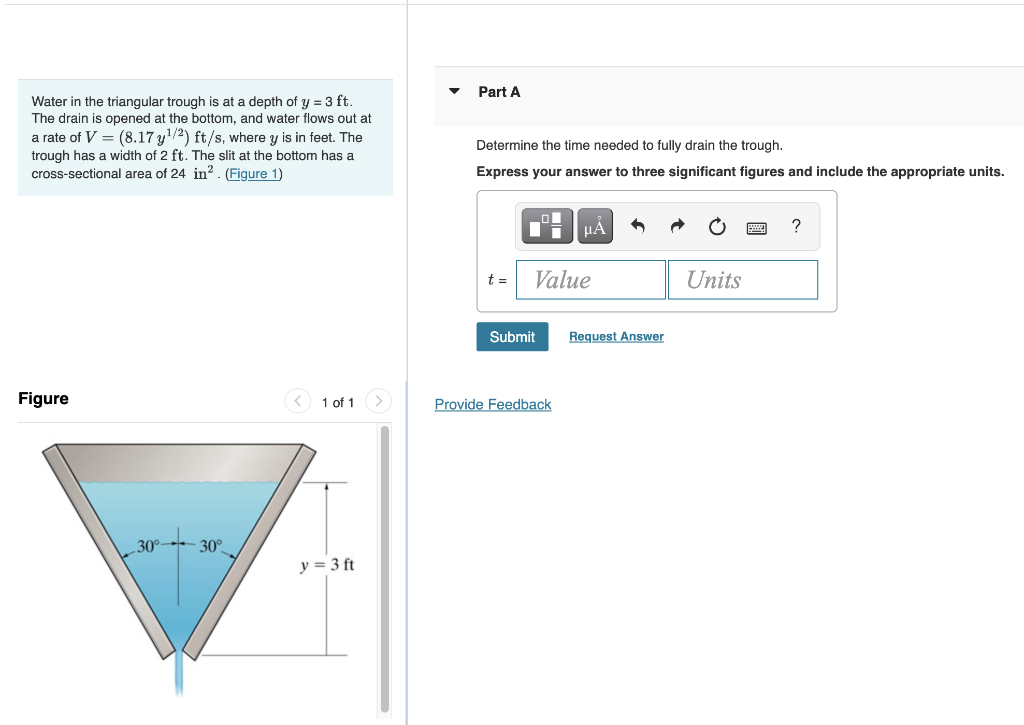 Solved Water in the triangular trough is at a depth of | Chegg.com