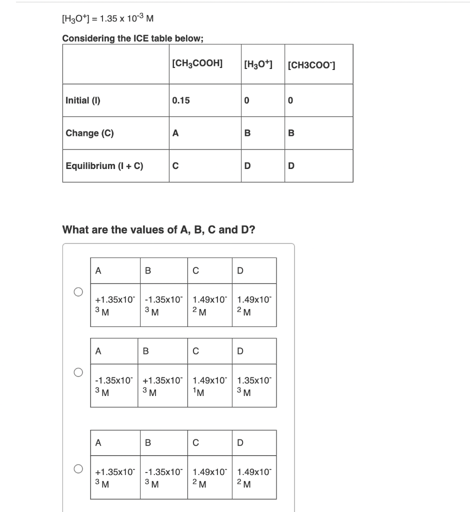 Solved Part D - ICE table CH3COOH + H2O ↔ CH3COO- + H3O+ In | Chegg.com