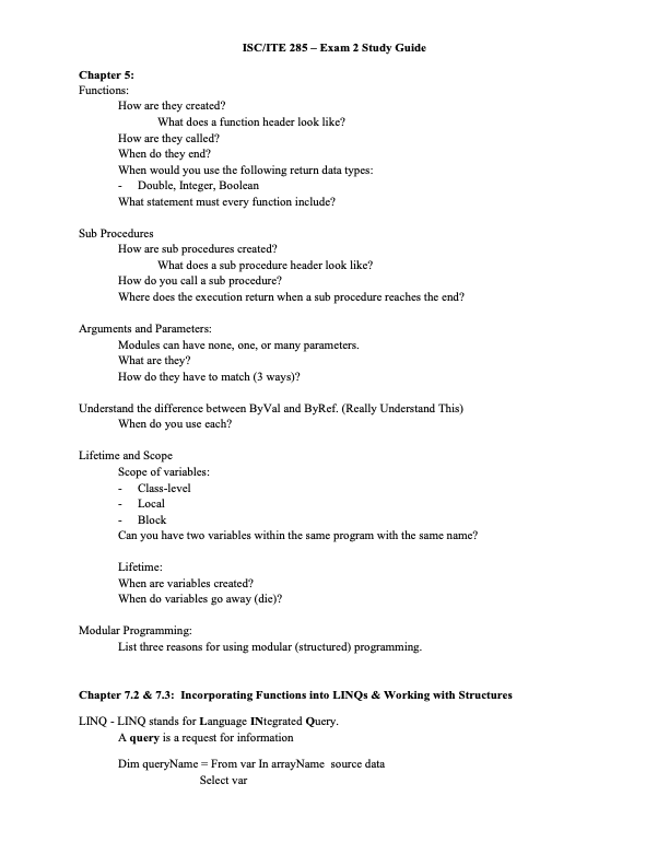 Solved ISC/ITE 285 - Exam 2 Study Guide Chapter 5: | Chegg.com