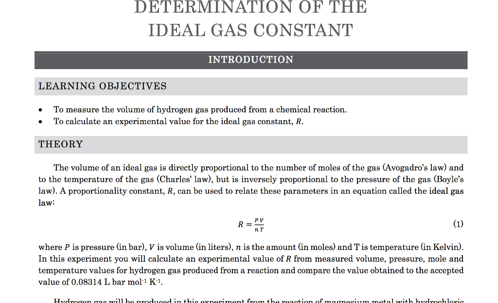 DETERMINATION OF THE IDEAL GAS CONSTANT INTRODUCTION | Chegg.com