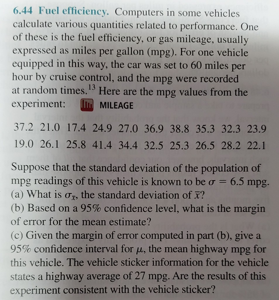 Solved 6.44 Fuel efficiency. Computers in some vehicles | Chegg.com