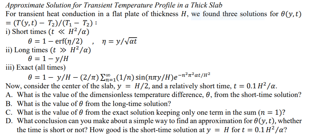 Solved Approximate Solution for Transient Temperature | Chegg.com