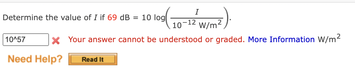 Solved Determine the value of I if 69 dB = 10 log(I/10^−12 | Chegg.com