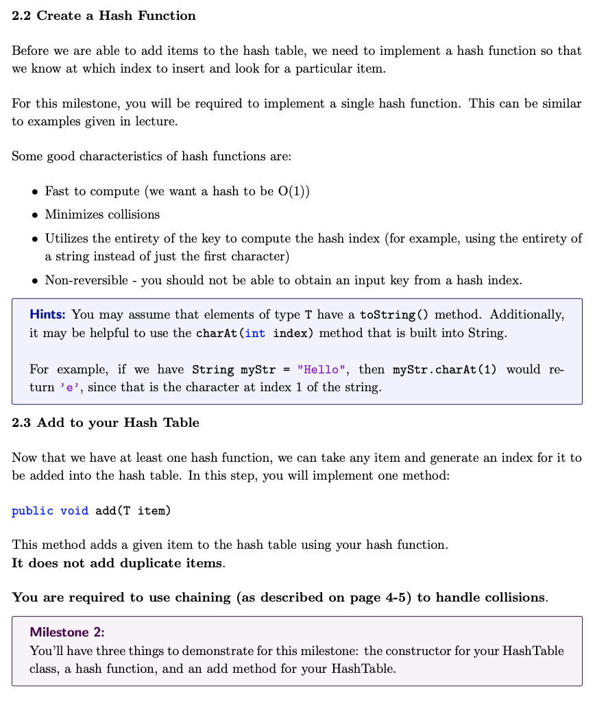 Solved 2 Hash Tables For This Milestone Youll Be