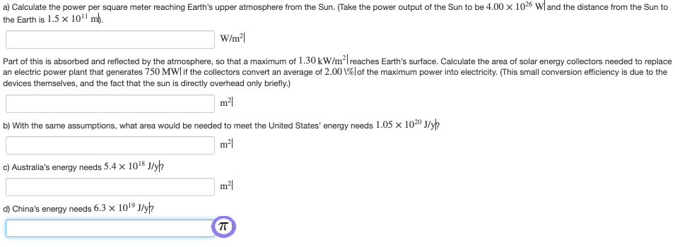 Solved a) Calculate the power per square meter reaching | Chegg.com
