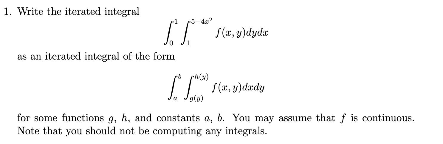 Solved 1. Write the iterated integral 1 -5-4x2 IS f(x,y)dydx | Chegg.com