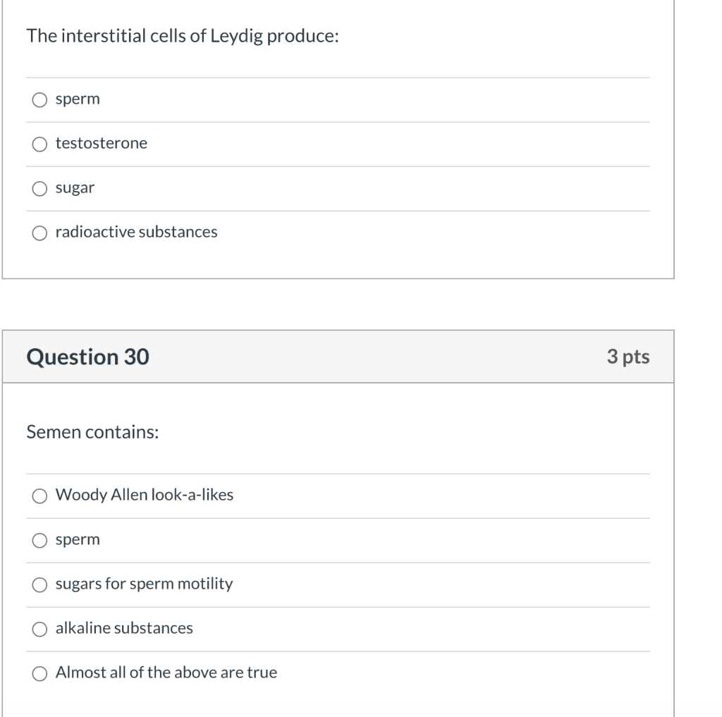 Solved The interstitial cells of Leydig produce: sperm | Chegg.com
