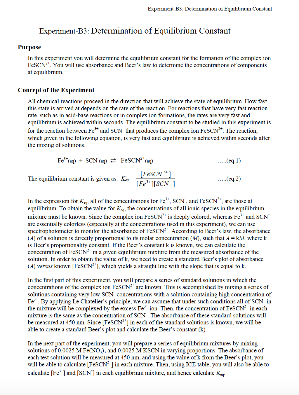Experiment-B3: Determination of Equilibrium Constant | Chegg.com