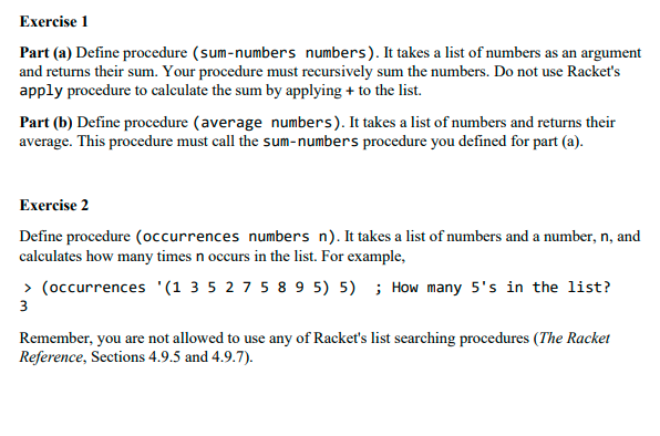 Solved Exercise 1 Part (a) Define procedure (sum-numbers | Chegg.com