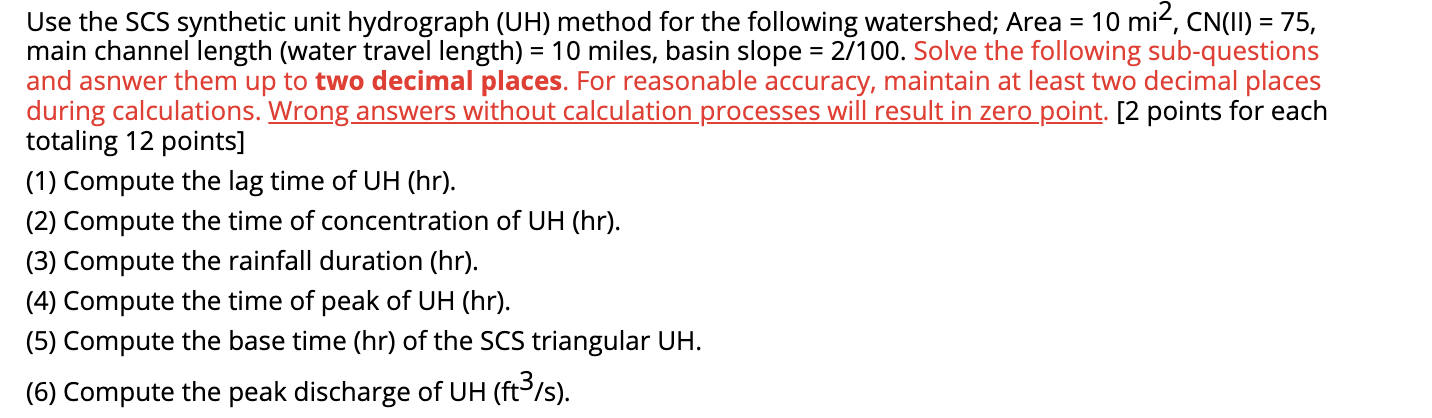 Solved Use the SCS synthetic unit hydrograph (UH) method for | Chegg.com