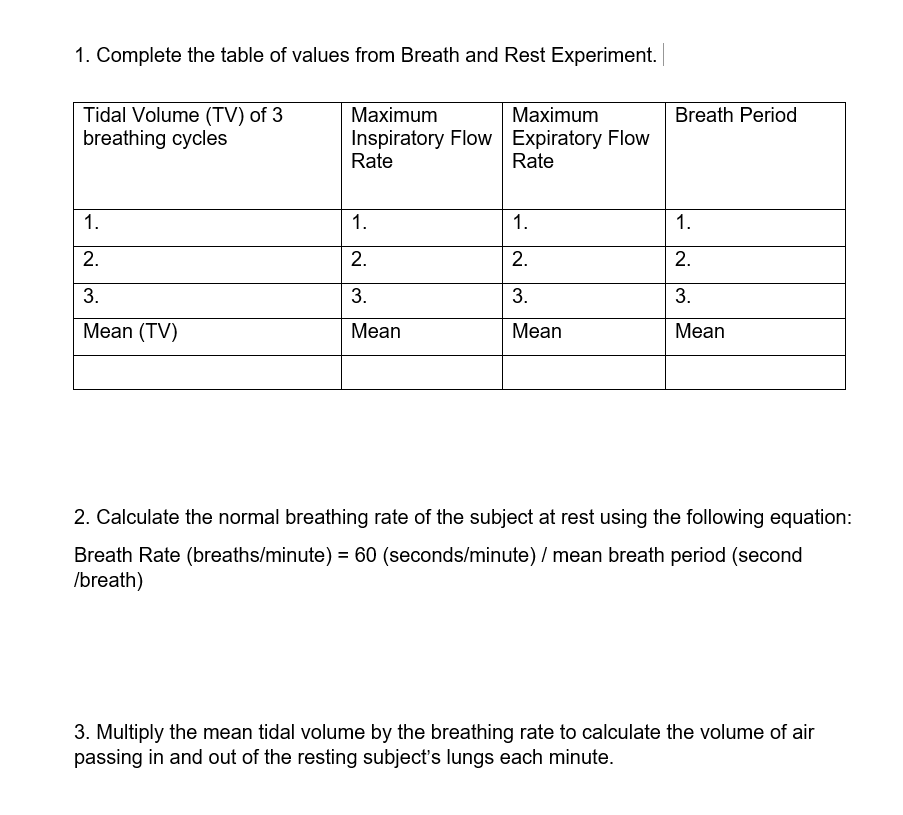 1. Complete the table of values from Breath and Rest | Chegg.com
