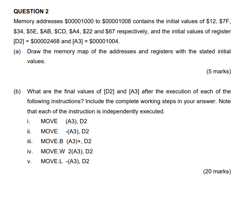QUESTION 2 Memory addresses $00001000 to $00001008 | Chegg.com