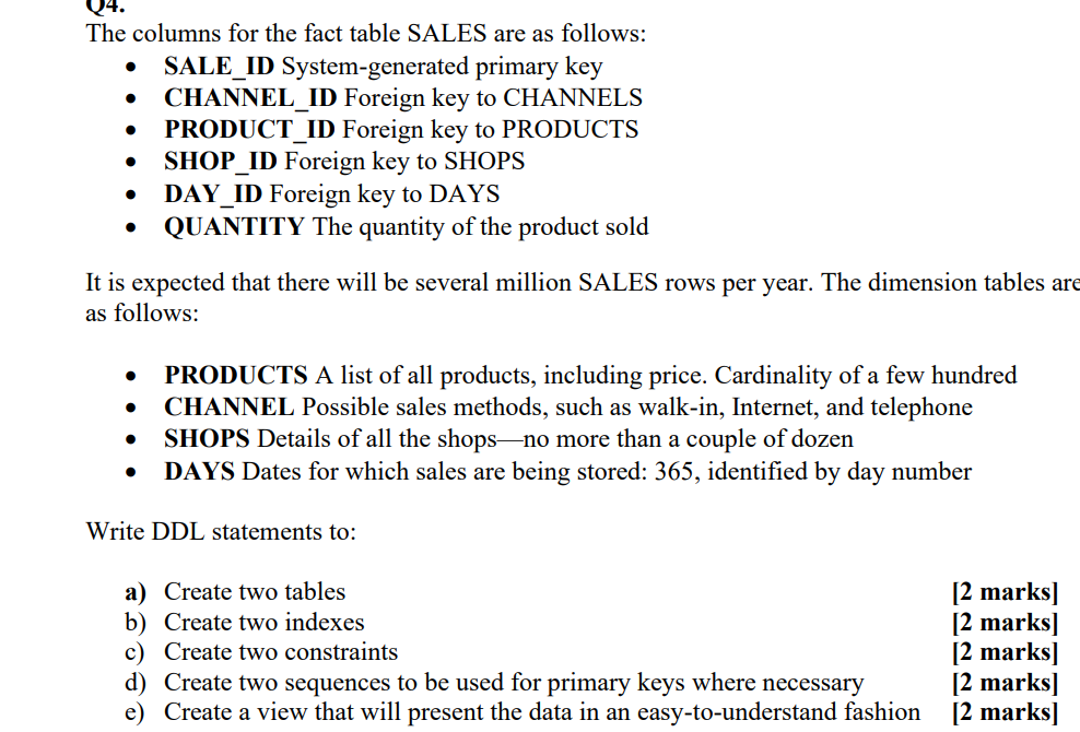 Solved O Q4. The columns for the fact table SALES are as | Chegg.com